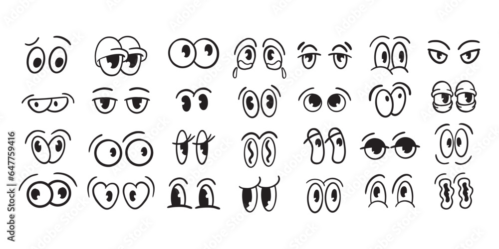 Vintage cartoon eye set, vector retro comic funny character cute face ...
