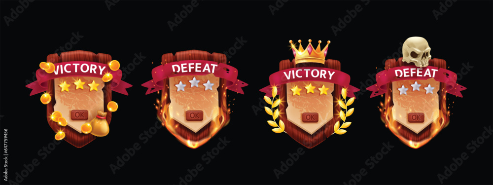 3D victory defeat game badge award wooden shield, vector medieval RPG ...