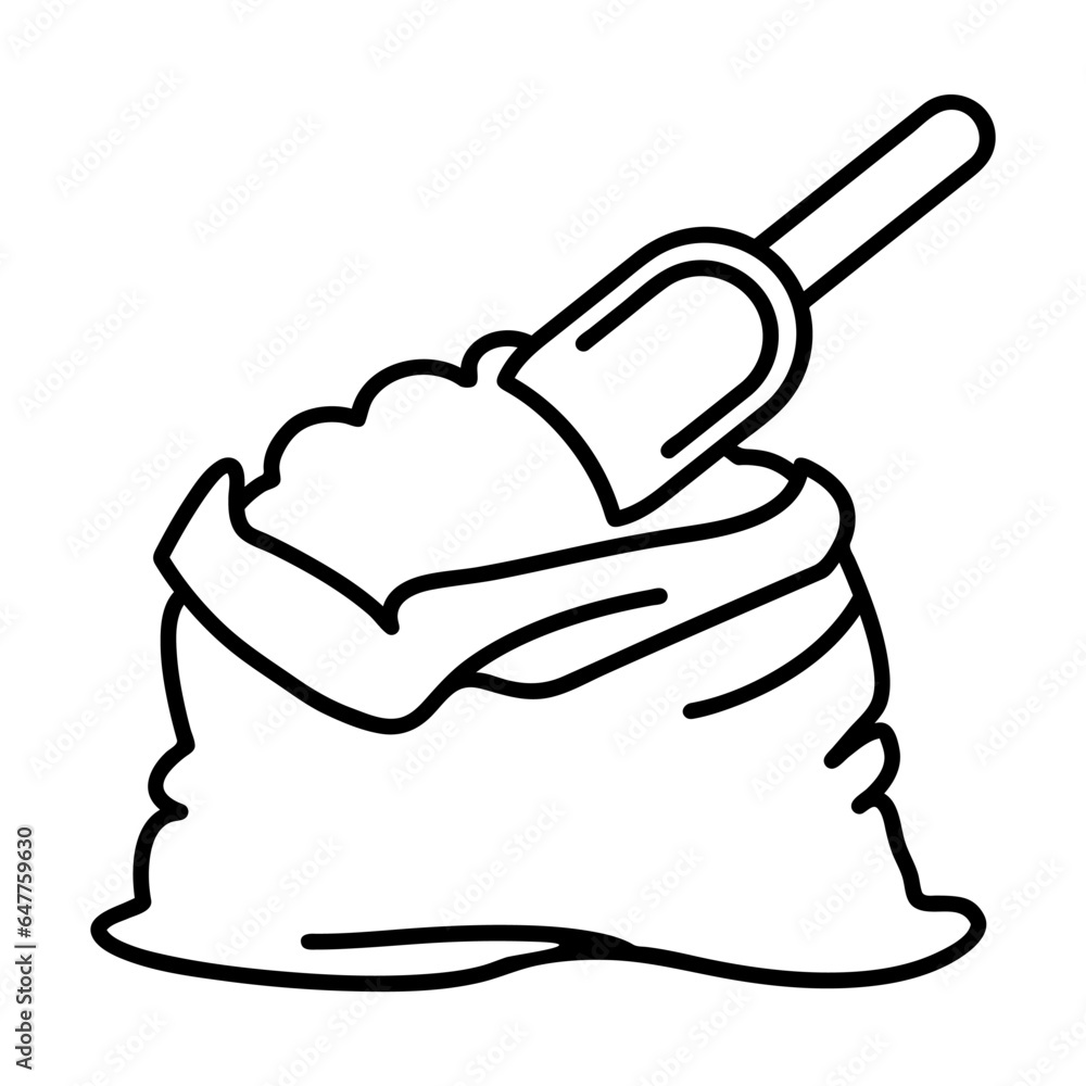 Simple outline of rag bag with groats and scoop vector icon. Black line ...
