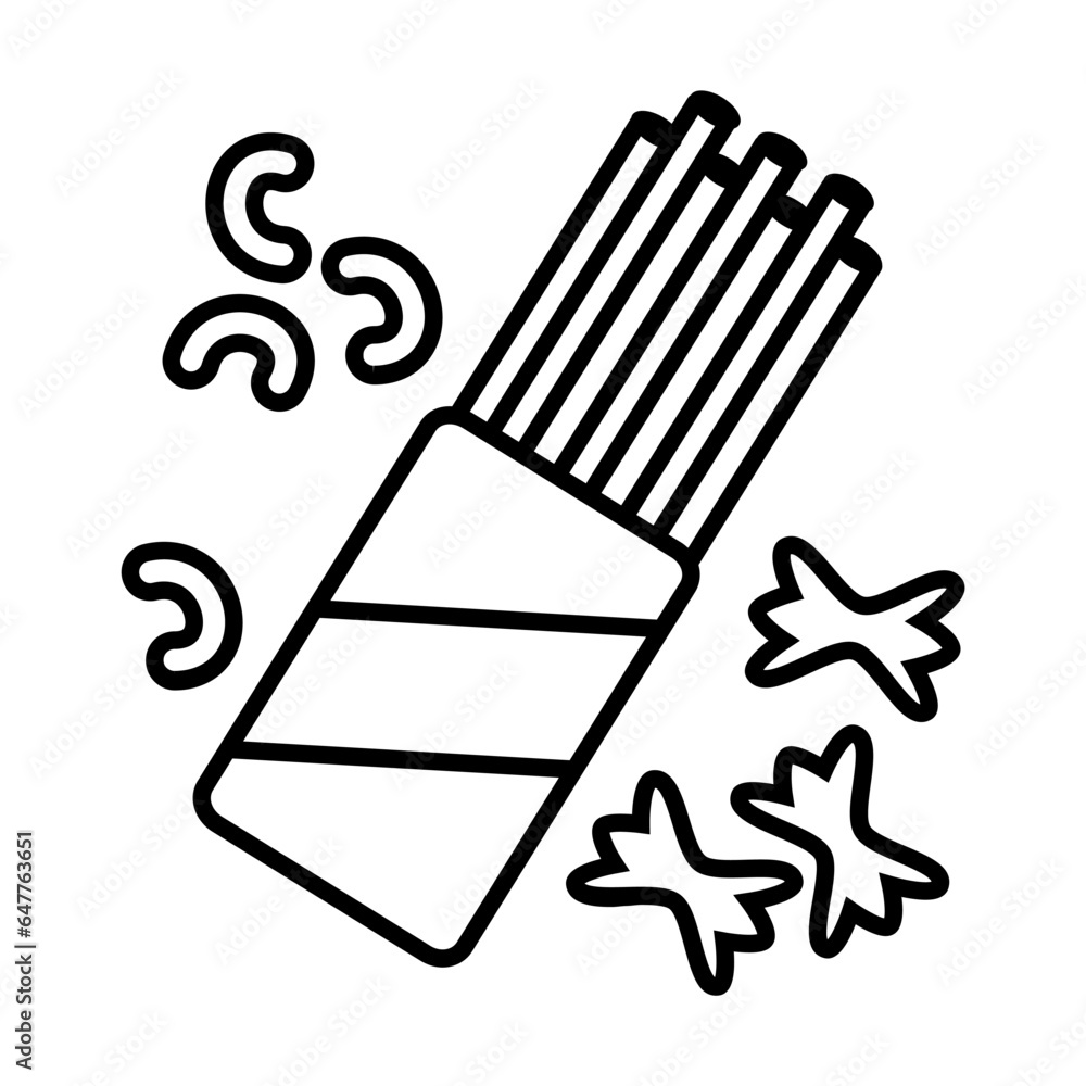 Simple outline of open pack of Italian pasta vector icon. Black line ...