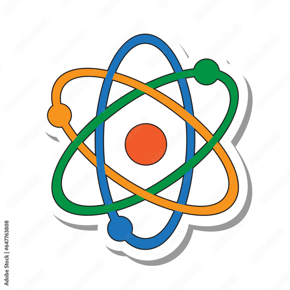 Physical structure of proton atom flat paper sticker. Electrons flying ...