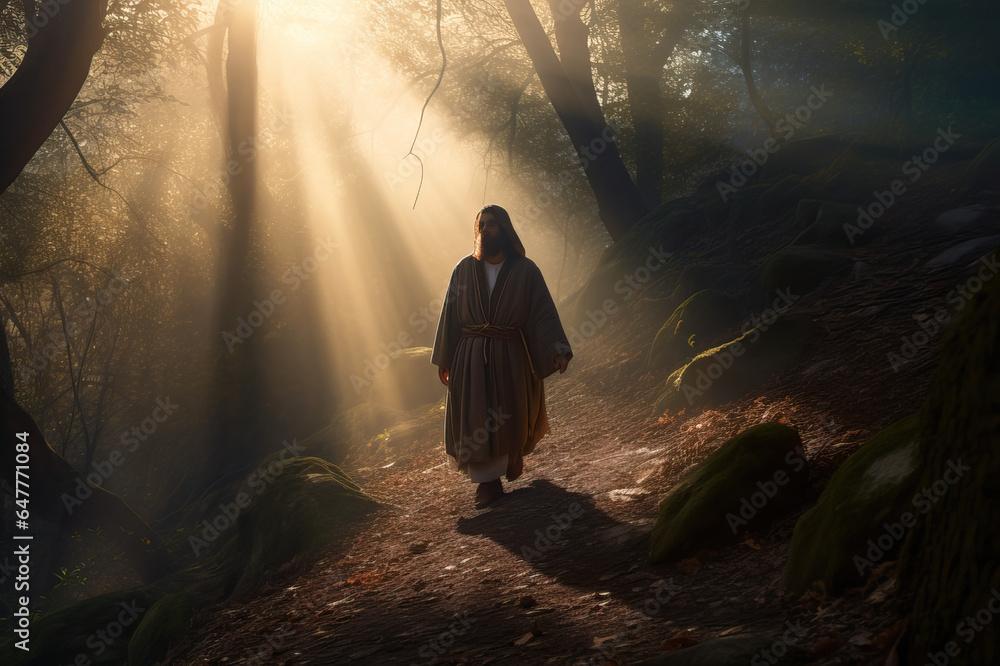 Jesus Christ our Saviour walks amongst the heavenly bright light in a ...