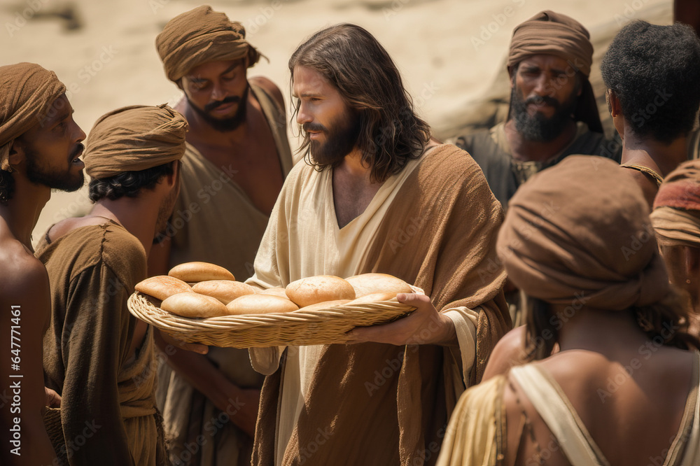 The miracle of Jesus Christ handing out bread to feed the 5000 Stock ...