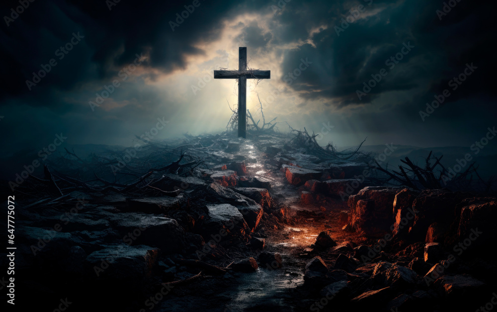 Christian Cross on top of a devastated land on dark stormy day. Concept ...