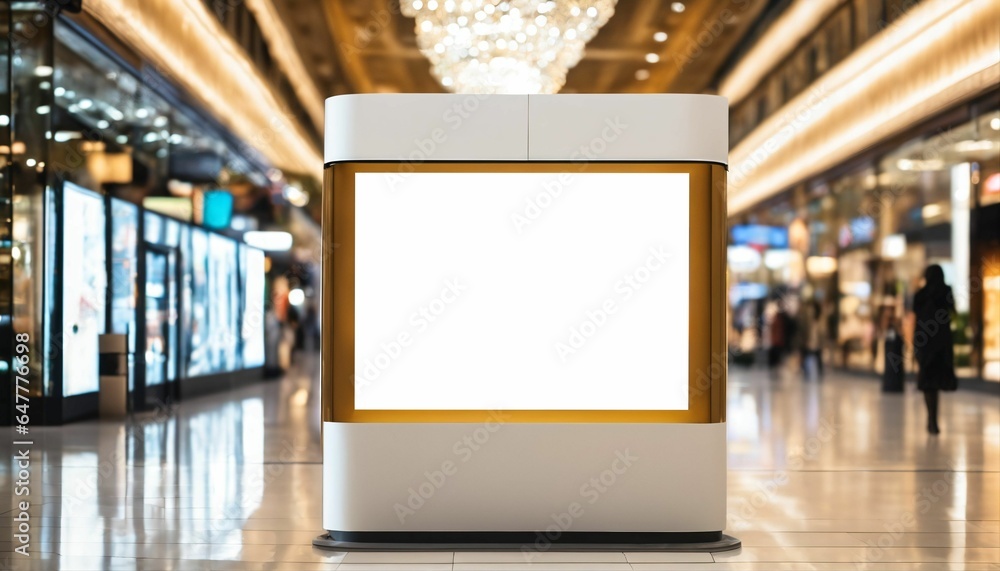 Shopping centre gallery with digital media blank black and white screen ...