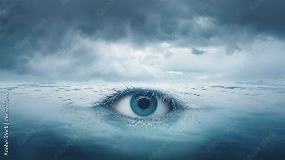 Ocean eye observing from the surface of blue water. Conscious planet ...