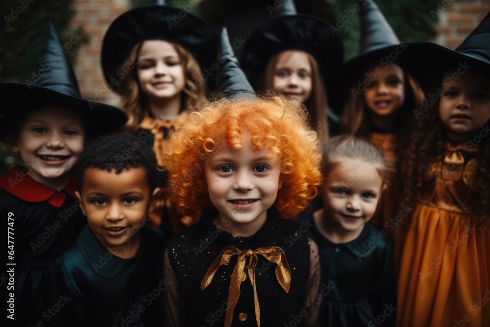 Young and diverse group of kids in halloween costumes on halloween ...