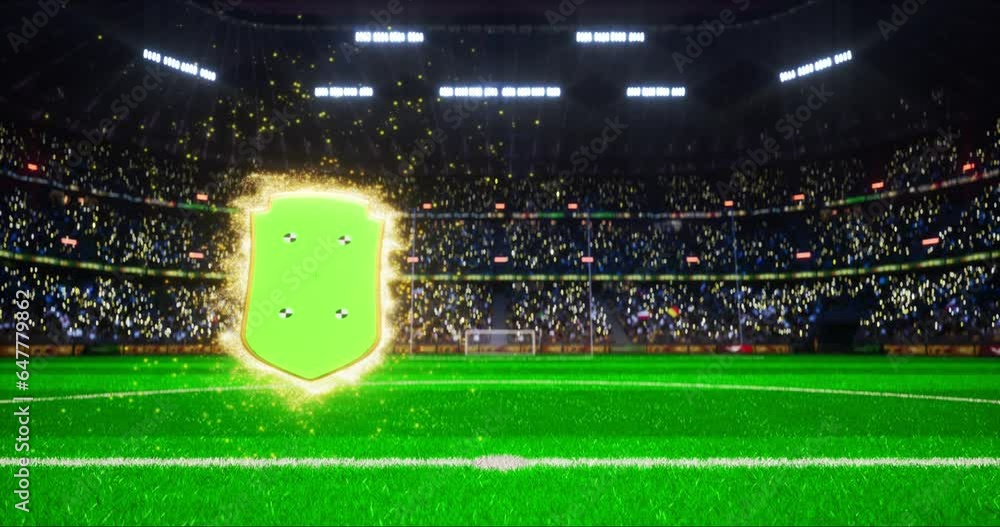 soccer match or player shield card, stadium background, visual effects ...