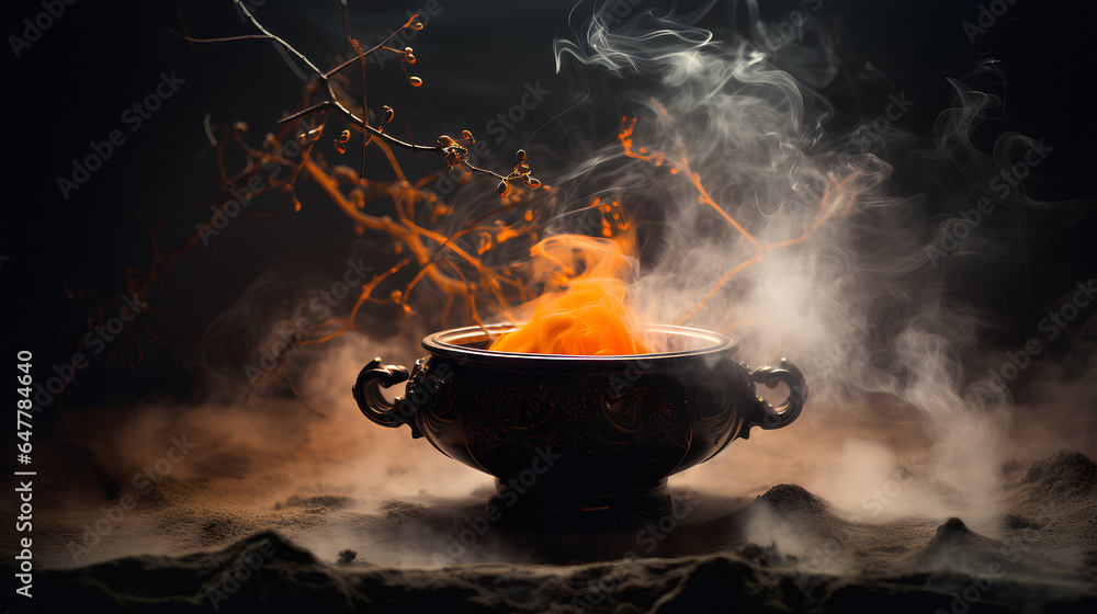 Realistic witch cauldron in a spooky scene with orange colored smoke ...