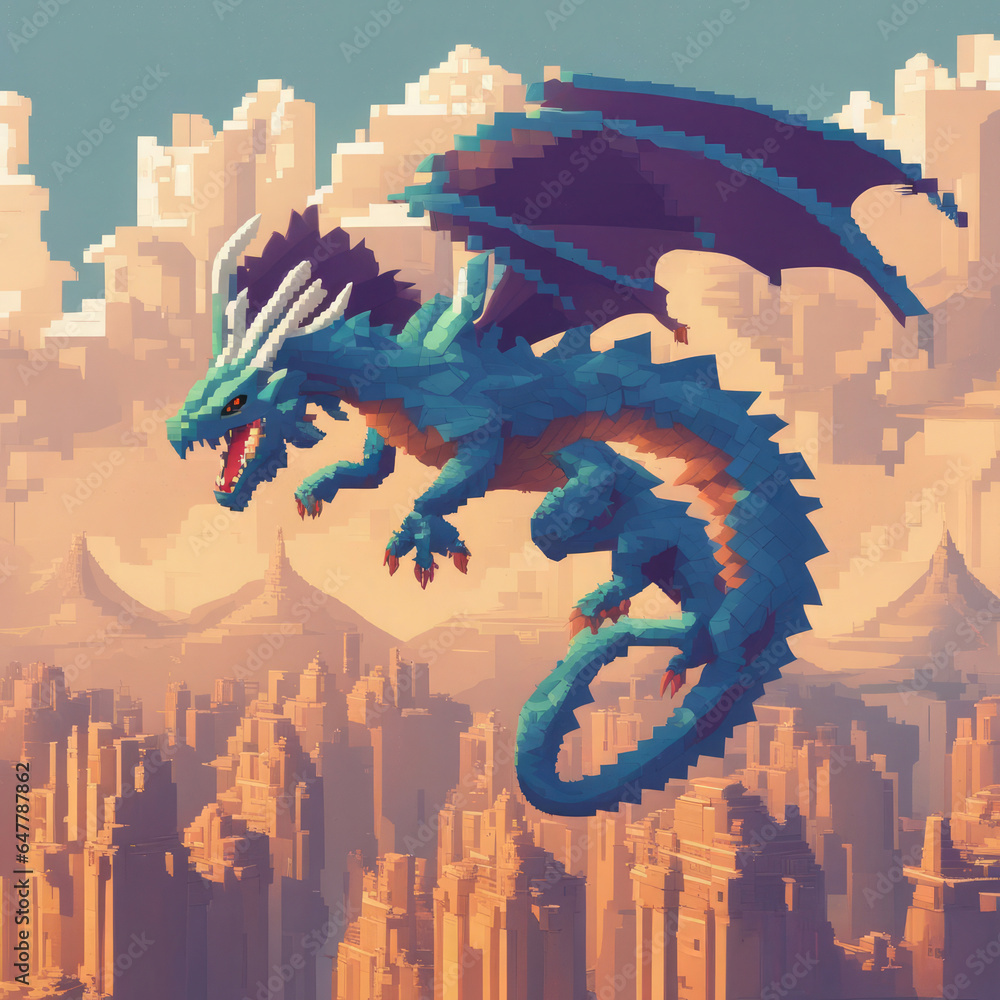 Generative AI, Pixel Dragon 8bit, Cool pixel dragon flying in the sky ...
