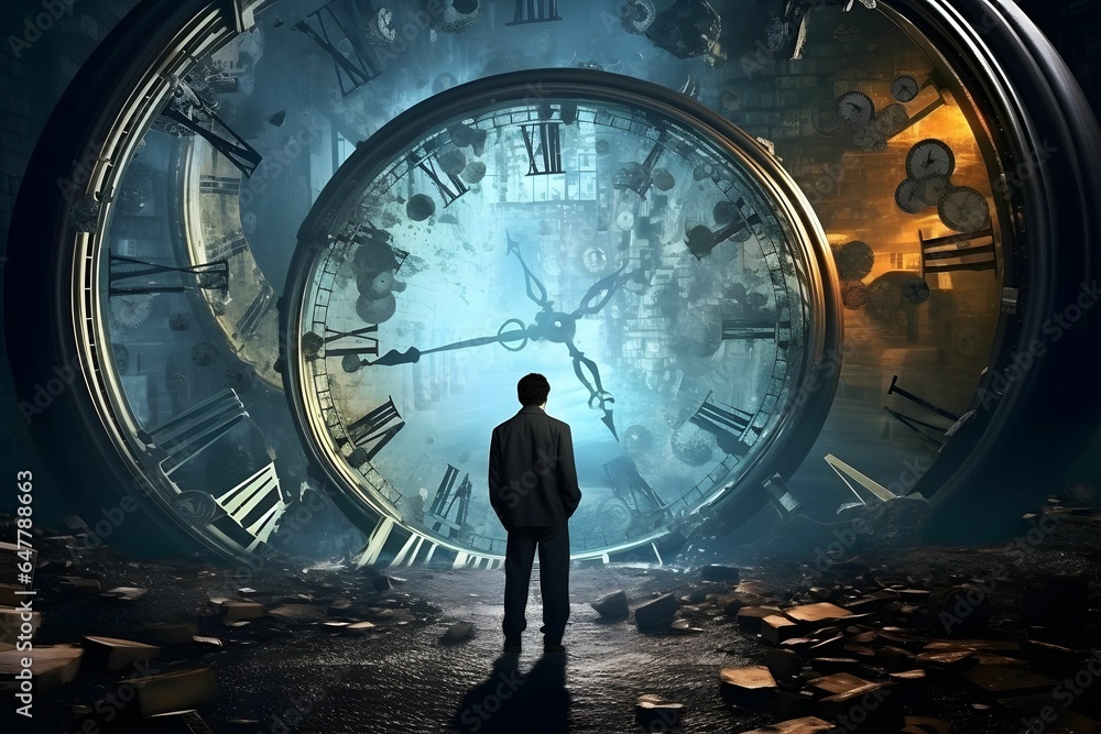 Create an image that depicts a time traveler facing a moral dilemma ...
