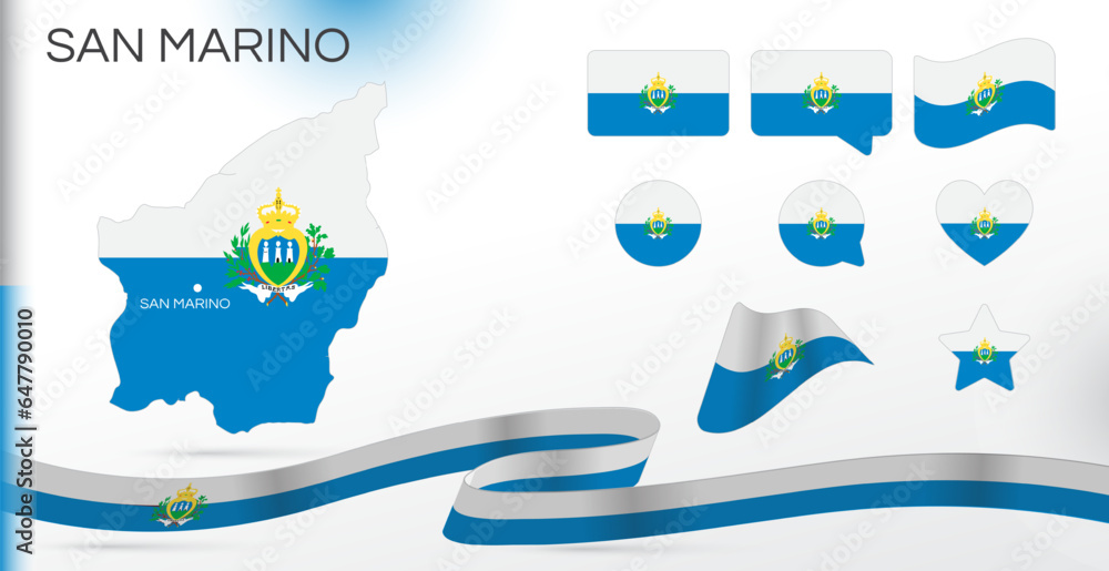San Marino flags set. Various designs. Map and capital city. World ...