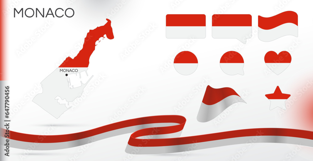 Monaco flags set. Various designs. Map and capital city. World flags ...