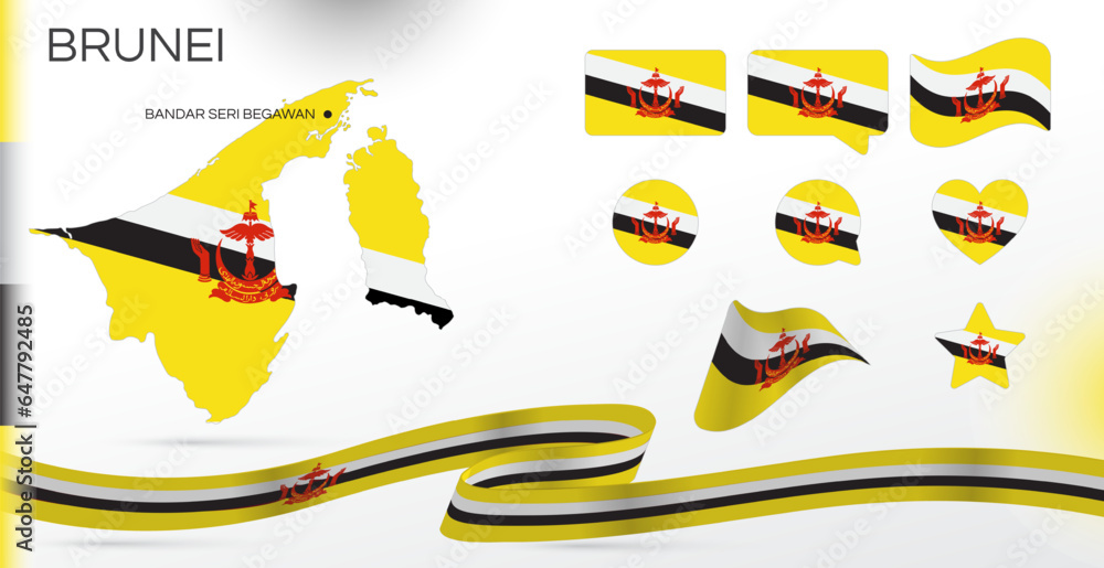 Brunei flags set. Various designs. Map and capital city. World flags ...