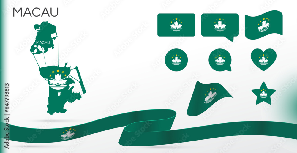 Macau flags set. Various designs. Map and capital city. World flags ...