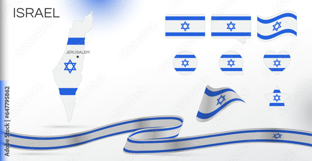 Various designs of the Israel flag and map. World flags. Vector set ...