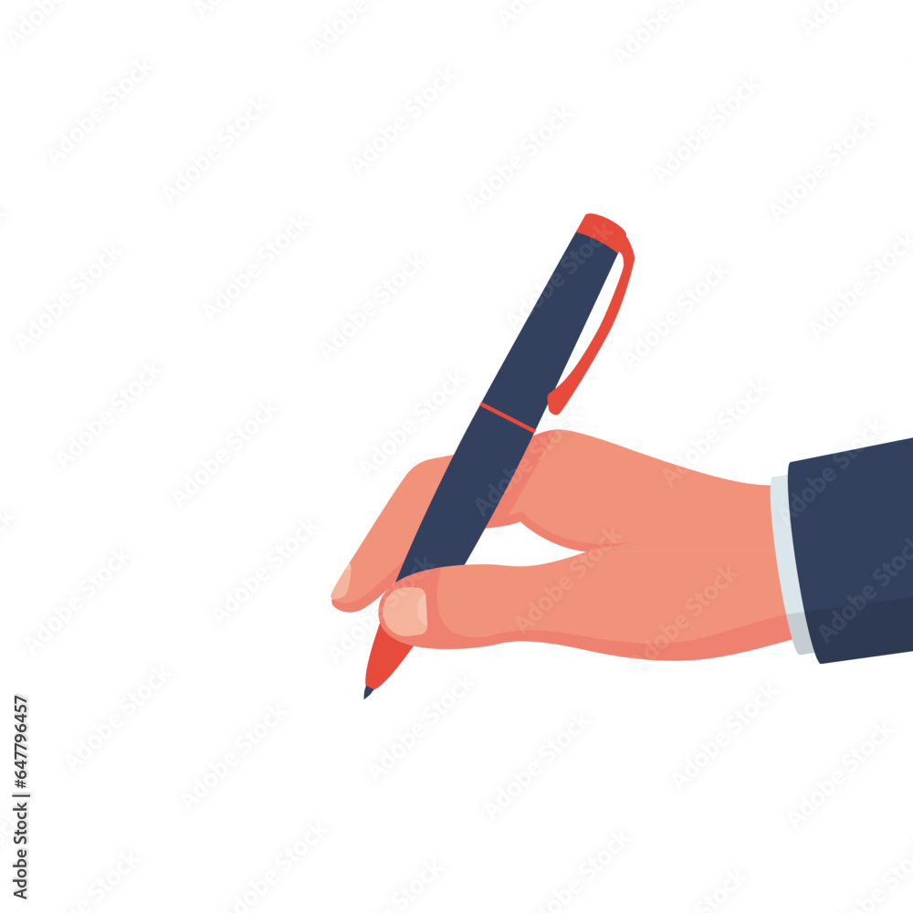Pen in hand. Man holding pencil. Vector illustration, flat design ...