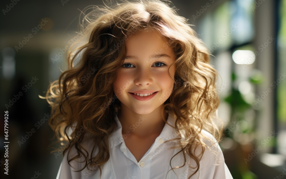 The cute 10 year school girl stands smiling in front of the camera ...