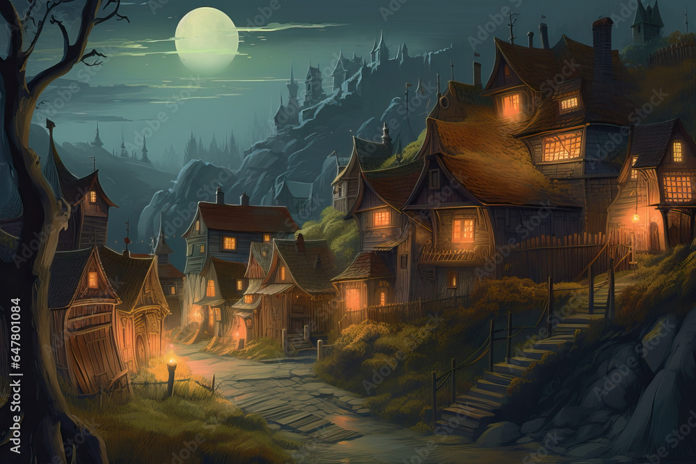 Illustration of a spooky old town under full moon light with latern ...
