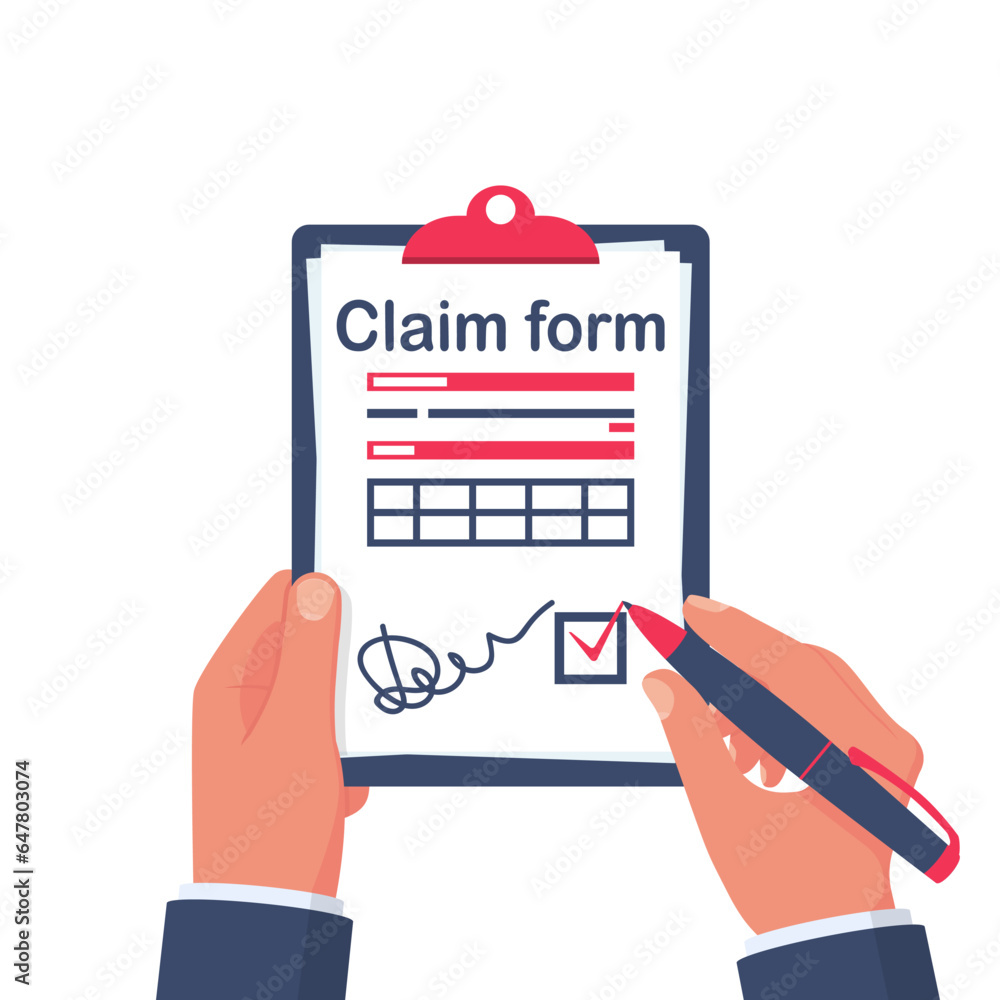 Claim form in hand man. Document signature. Insurance claim form with a ...
