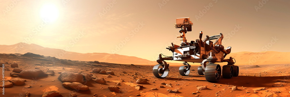 Mars rover exploring the Martian surface, collecting samples and ...