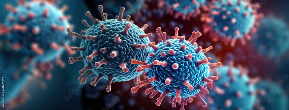 corona virus in 3D representation, two cells collide in a cluster of ...