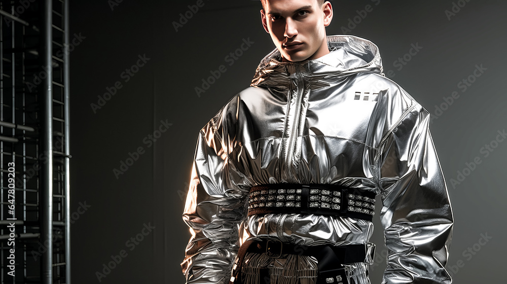 The model was wearing a futuristic techwear ensemble with shiny metal ...