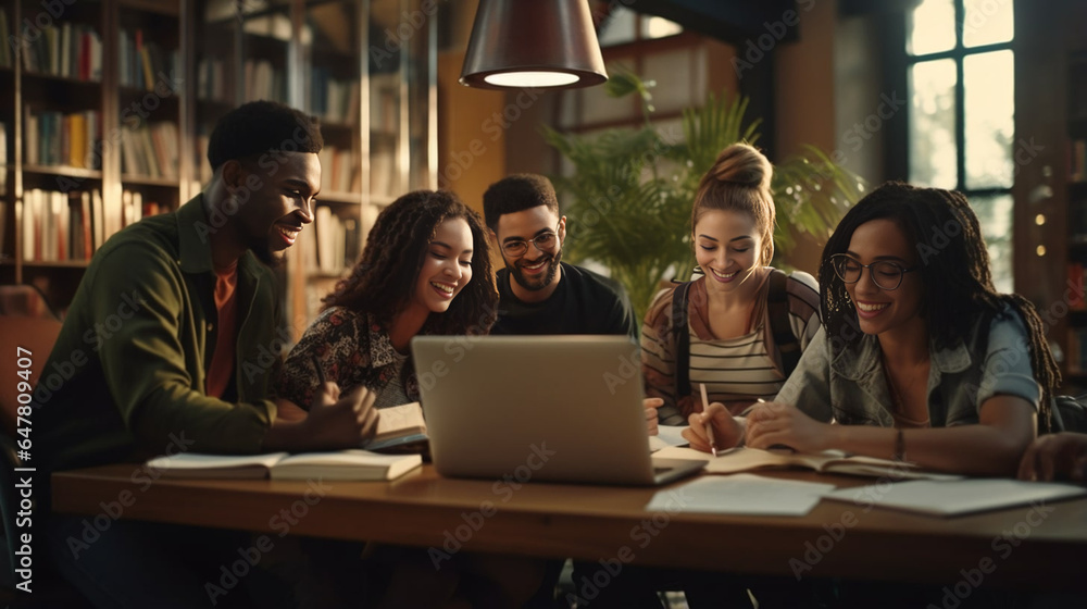 realistic photo, very sharp, Multiracial university students sitting ...