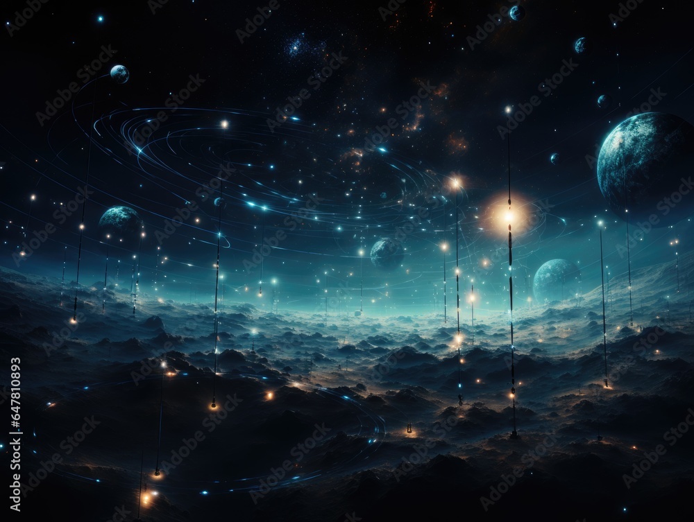 Space themed background with orbiting satellites and communication ...