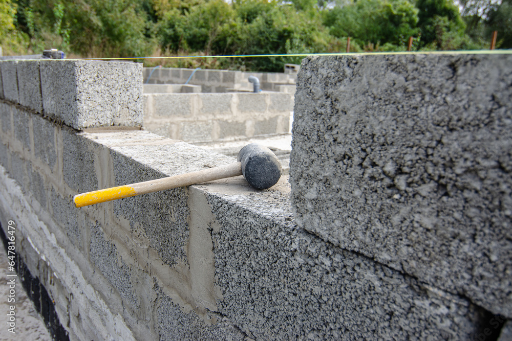 Construction of walls from expanded clay concrete blocks Stock Photo ...