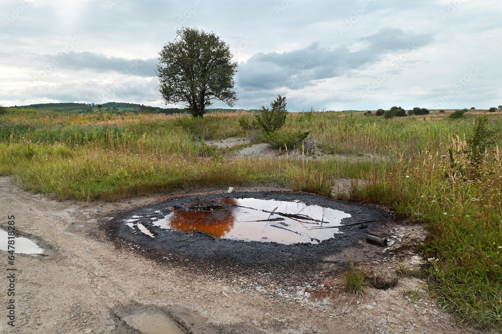 Spills of crude oil on the soil surface. Crater of the mud volcano ...