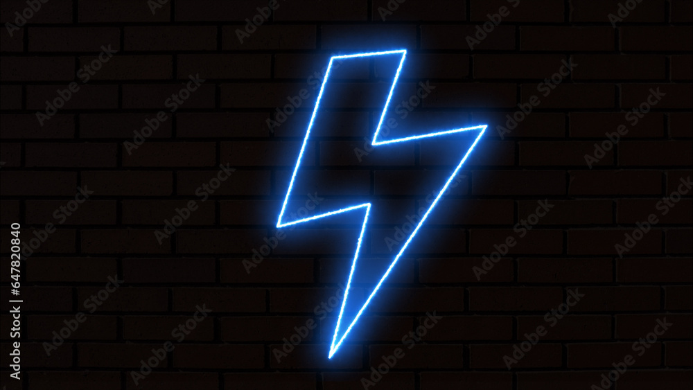 Neon lightning bolt, glowing sign. Blue neon sign of lightning ...