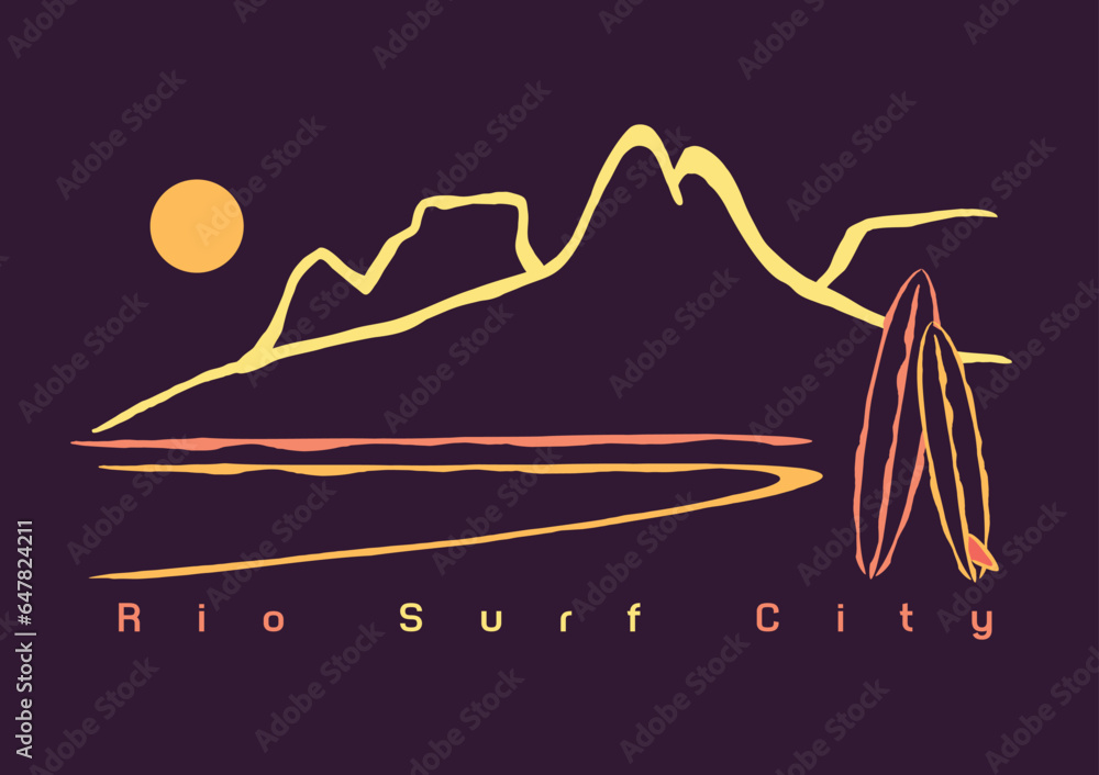 Vector illustration of Rio de Janeiro coastal landscape with surfboards ...