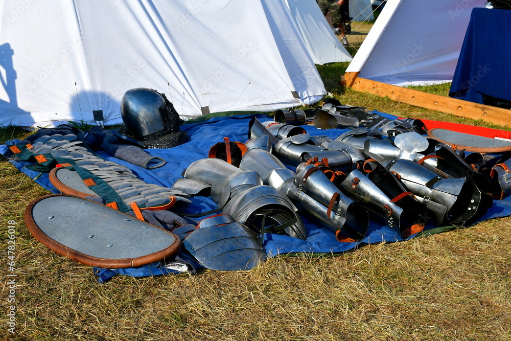 A close up on beautiful steel and metal pieces of armor of a knight ...