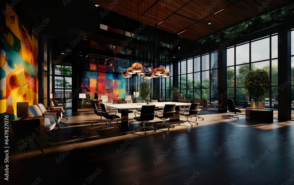 Bright Modern style meeting conference room with big wooden table ...