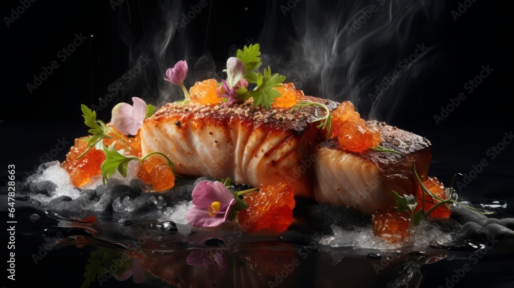 Fried sea cod fish fillet from a 3 Michelin star restaurant. Horizontal ...