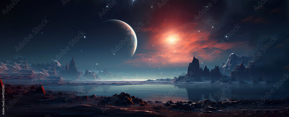 Beautiful sky. beautiful landscape of mountains and lake on the surface ...