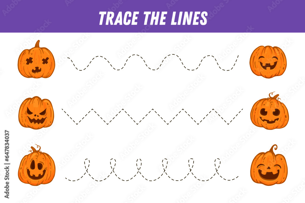 Tracing lines for kids. Cartoon pumpkin. Handwriting practice ...