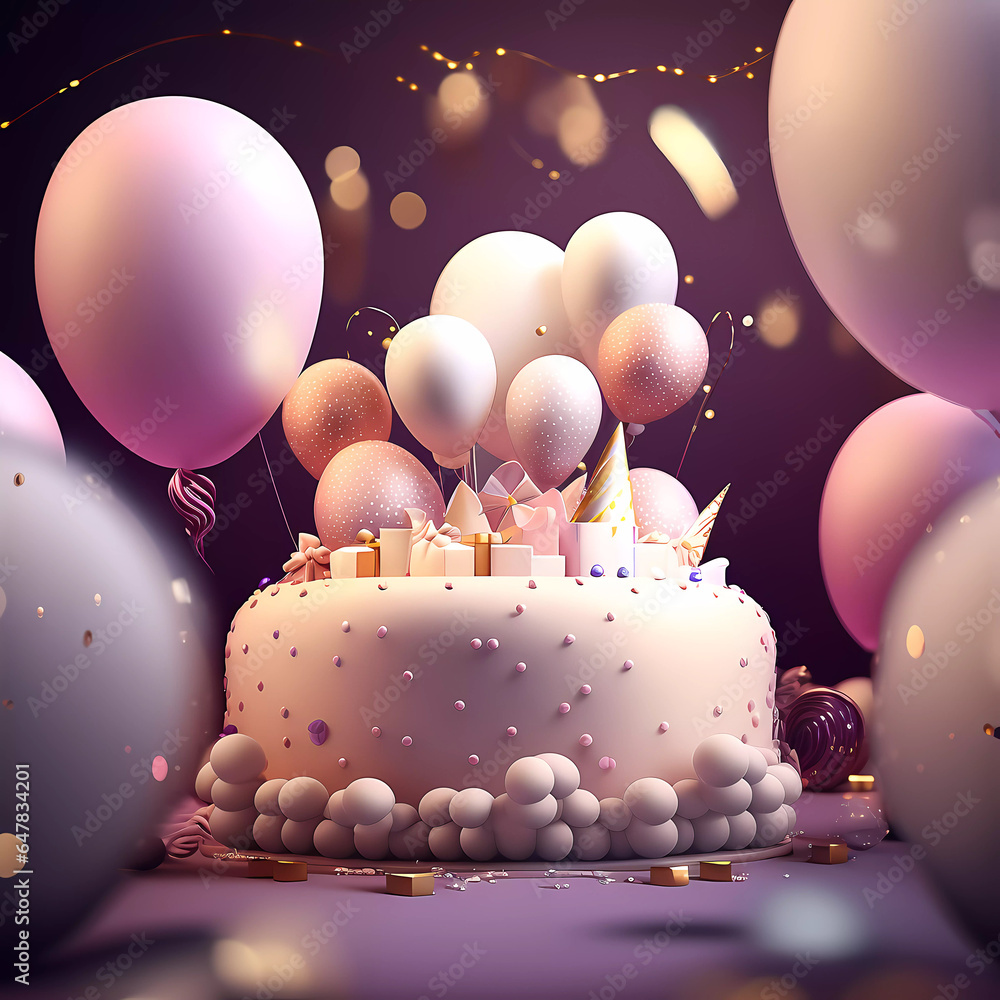 Gentle Beautiful cake decorated with balloons and gifts, Generated by ...