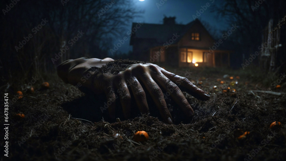 Mysterious Zombie Hands Coming Out From The Ground at Dark Halloween ...