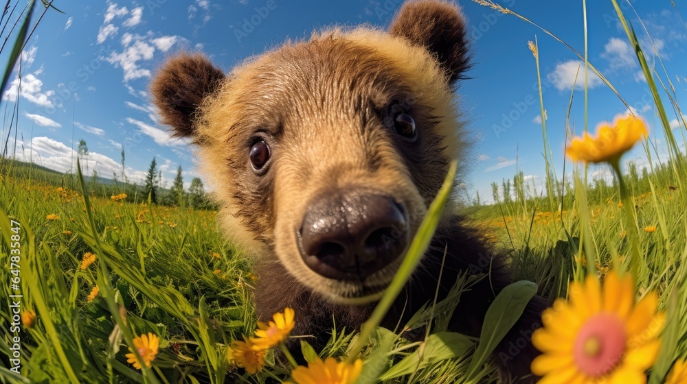 Close-up portrait of a bear cub in a clearing in the forest. Detailed ...