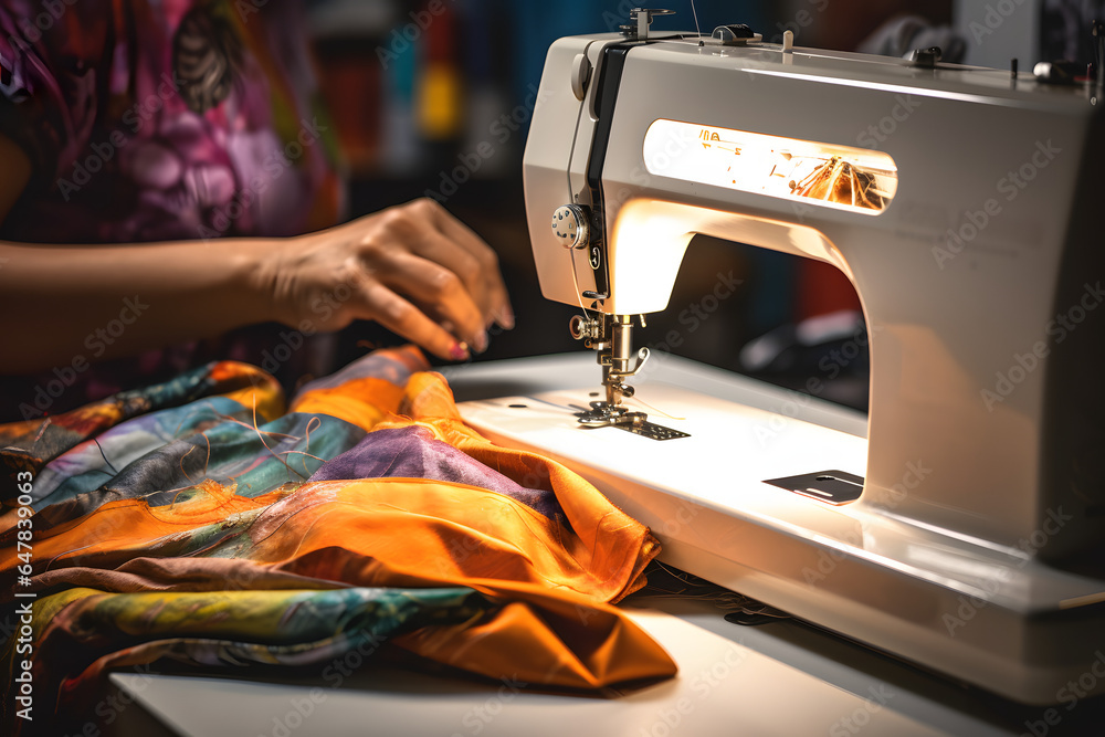 Foto de Photo of a woman sewing fabric with a sewing machine do Stock ...