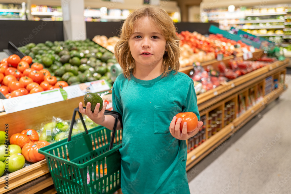 Healthy food for kids. Portrait of smiling little child with shopping ...