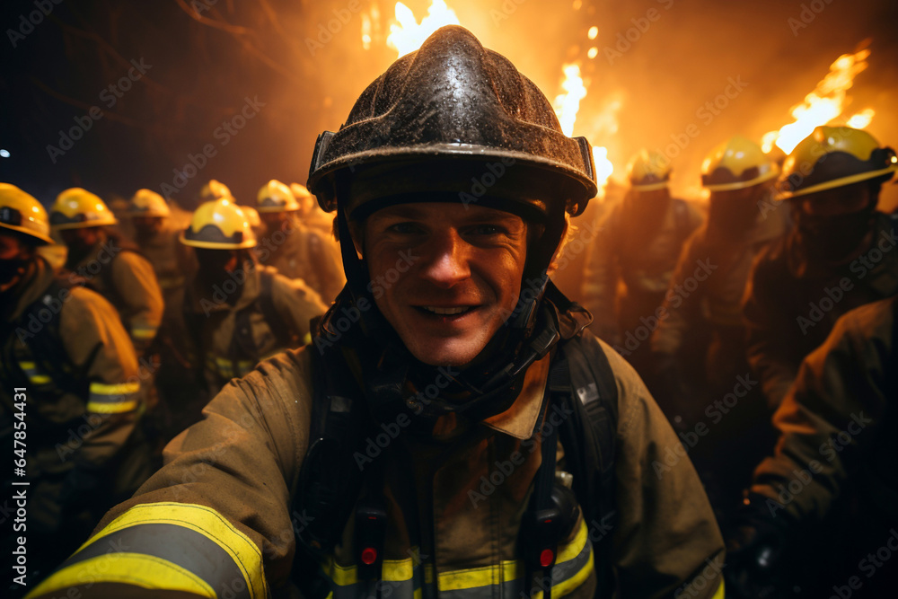 Saving lives from fire concept. Brave courageous hero firefighter ...