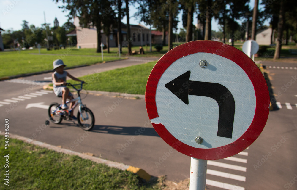 Niño en bicicleta aprendiendo señales de tránsito Stock Photo | Adobe Stock