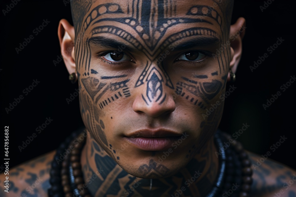 a young man with a bold tribal tattoo lining the side of his face ...