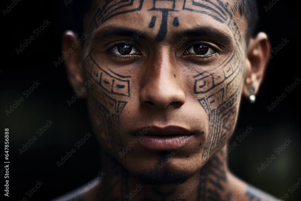 a young man with a bold tribal tattoo lining the side of his face ...