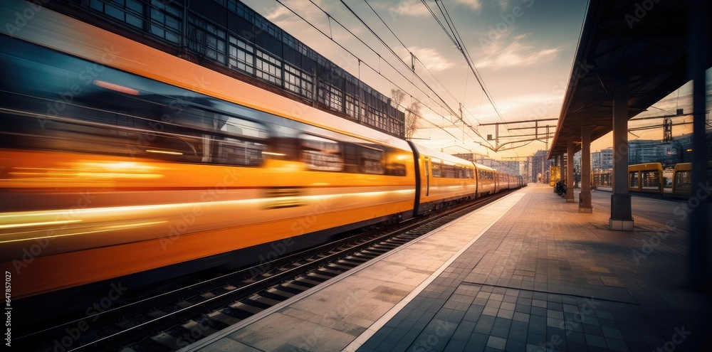 High speed train in motion on the railway station at sunset. Fast ...