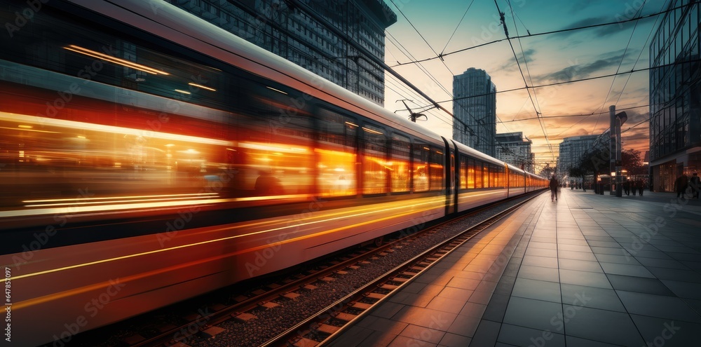 High speed train in motion on the railway station at sunset. Fast ...