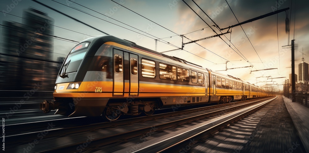 High Speed Train In Motion On The Railway Station At Sunset Fast High Speed Train In Motion On The Railway Station At Sunset Fast
